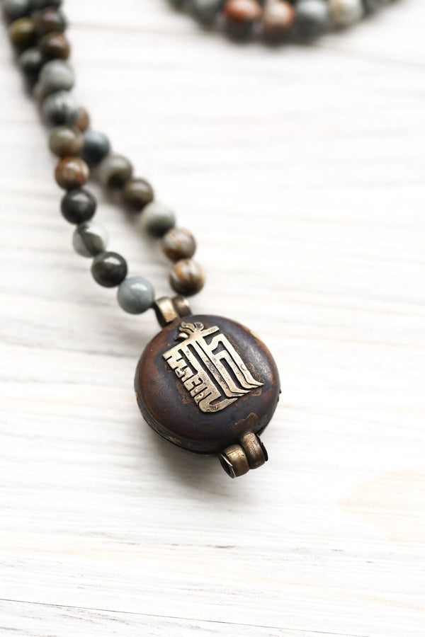 Sacred Symbols Tibetan Locket Mala - Om & Kalachakra - DharmaShop