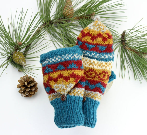 Turquoise/Multi Wool Convertible Mittens - DharmaShop