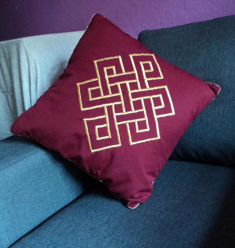 Gold Eternal Knot Embroidered Maroon Pillow - DharmaShop
