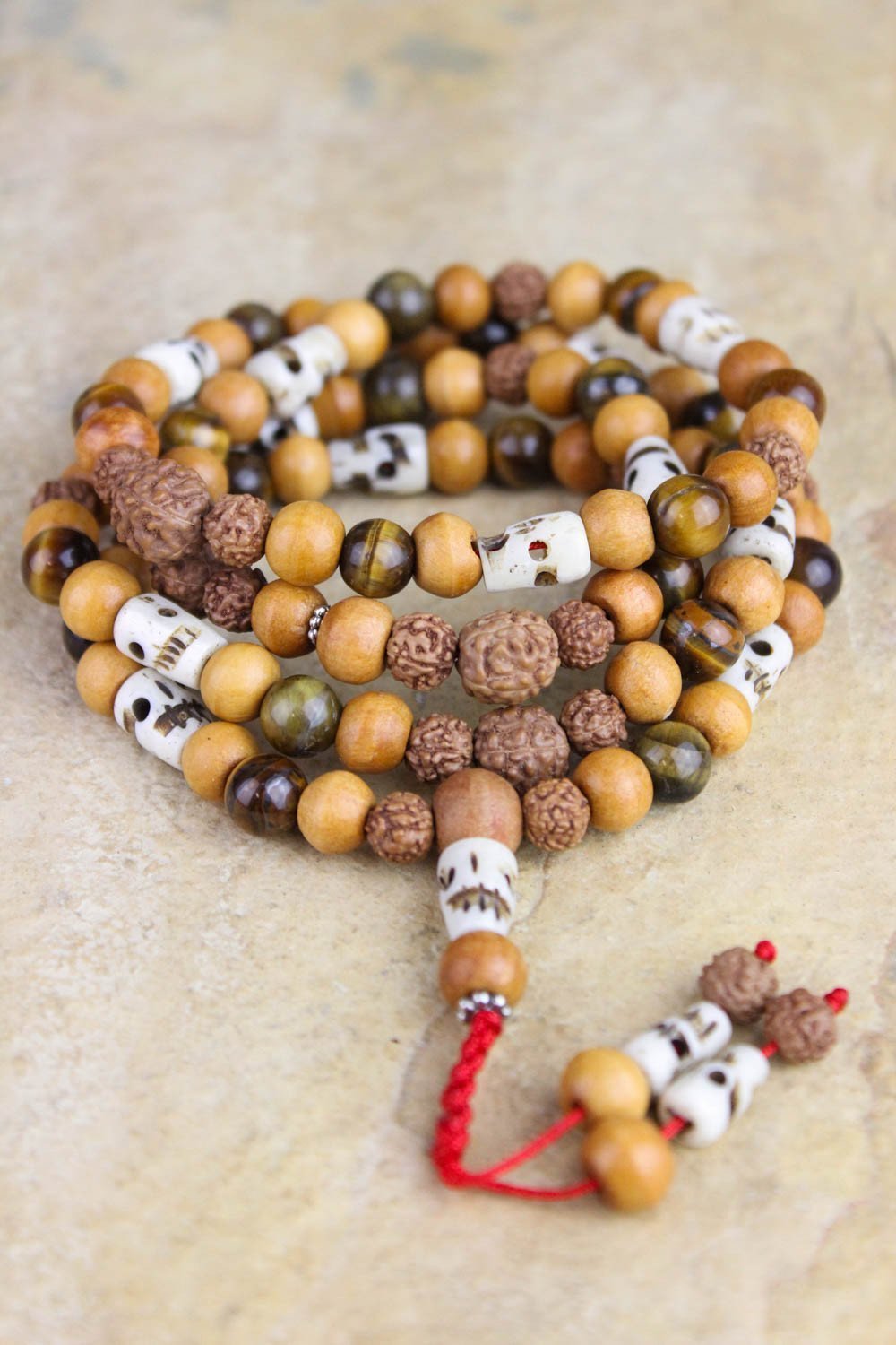 Calm Understanding Tiger Eye and Skull Mala Beads Necklace - DharmaShop