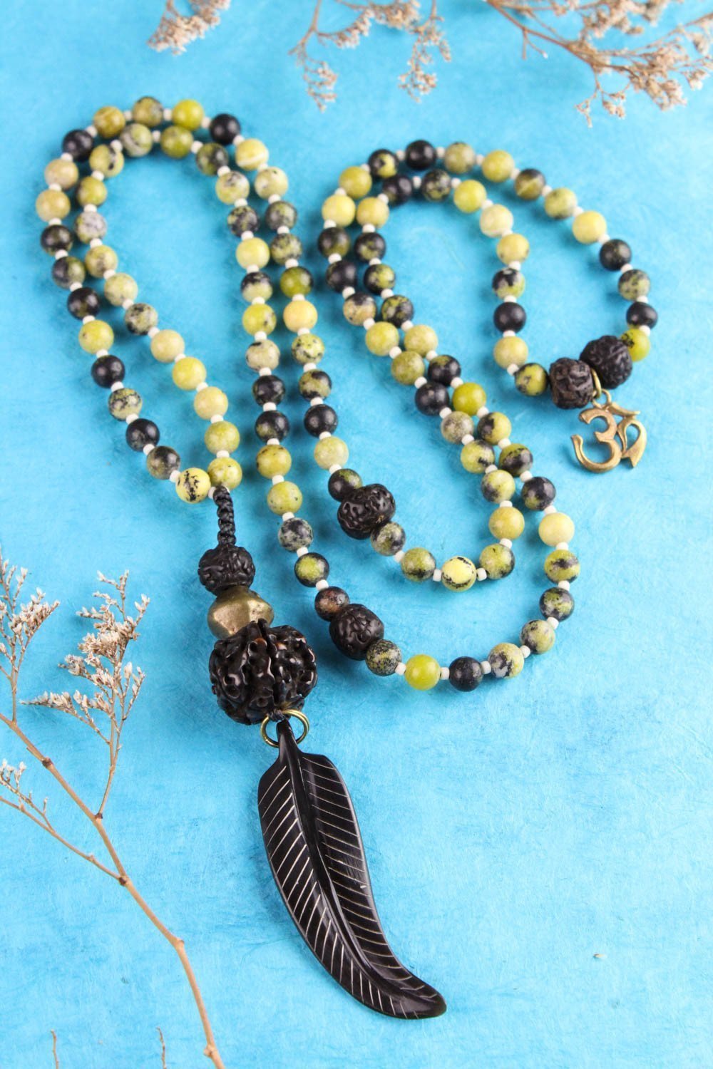 Green Turquoise Bone Feather Mala - DharmaShop