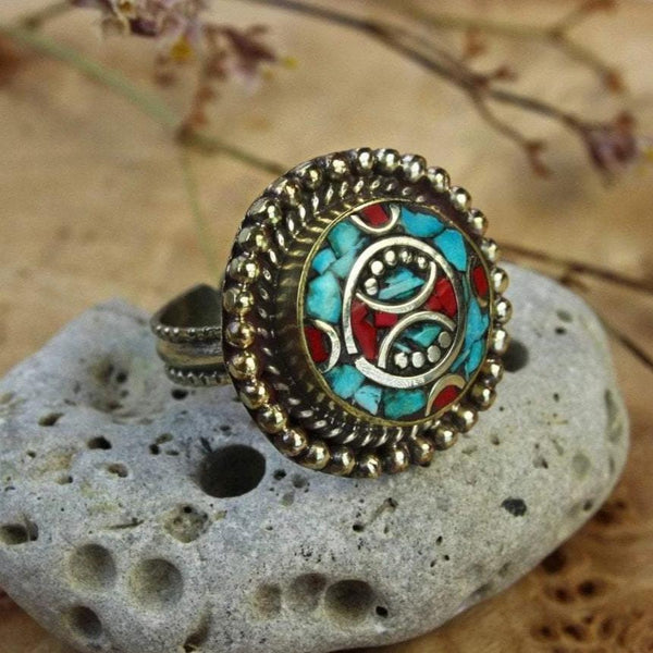 Classic Tibetan Ring With Coral and Turquoise - DharmaShop