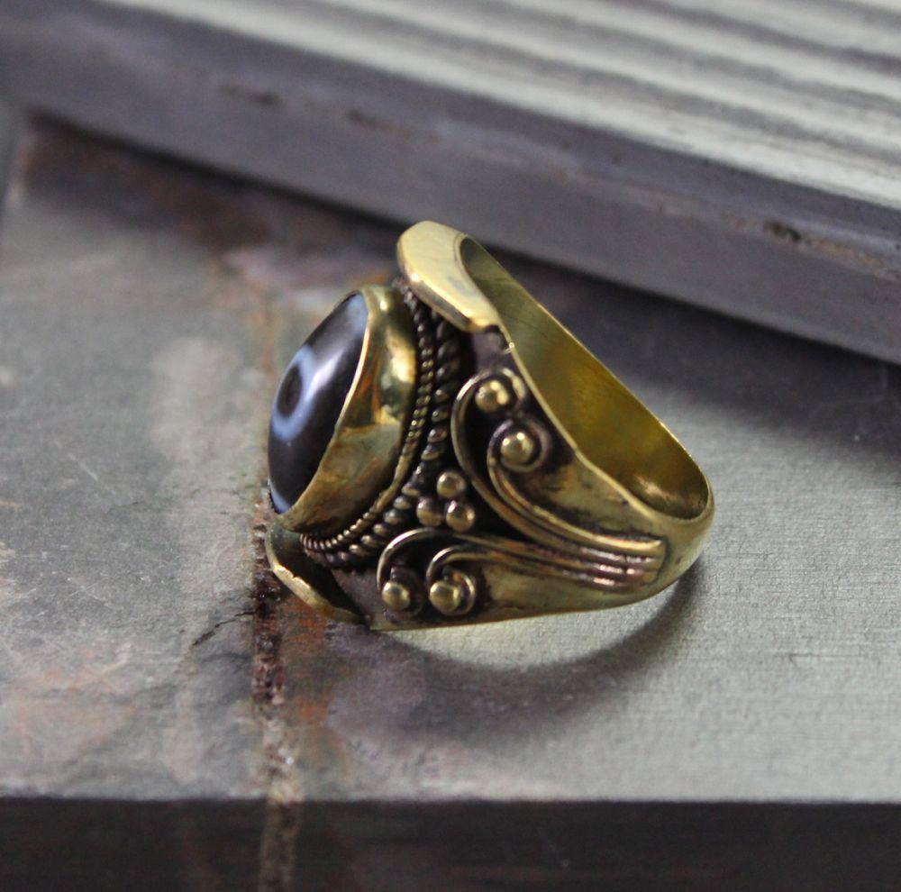 Vintage-style Brass Dzi Bead Ring - DharmaShop
