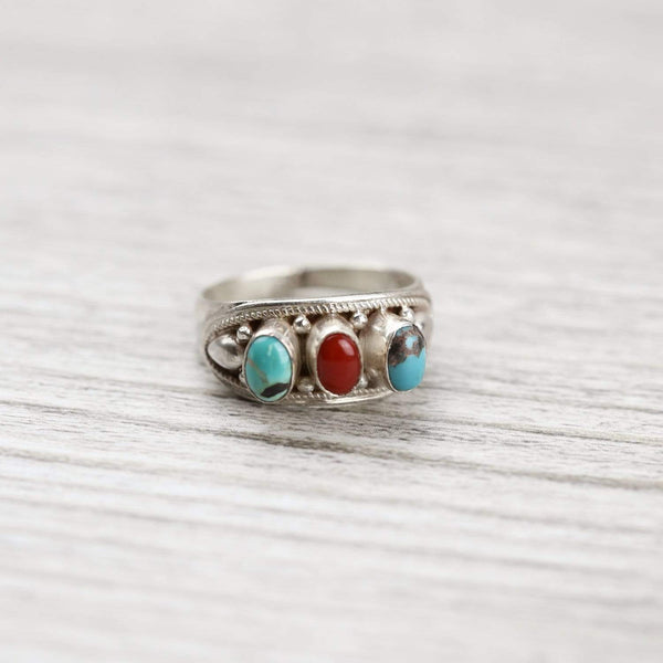 Turquoise and Coral Prosperity Ring - DharmaShop