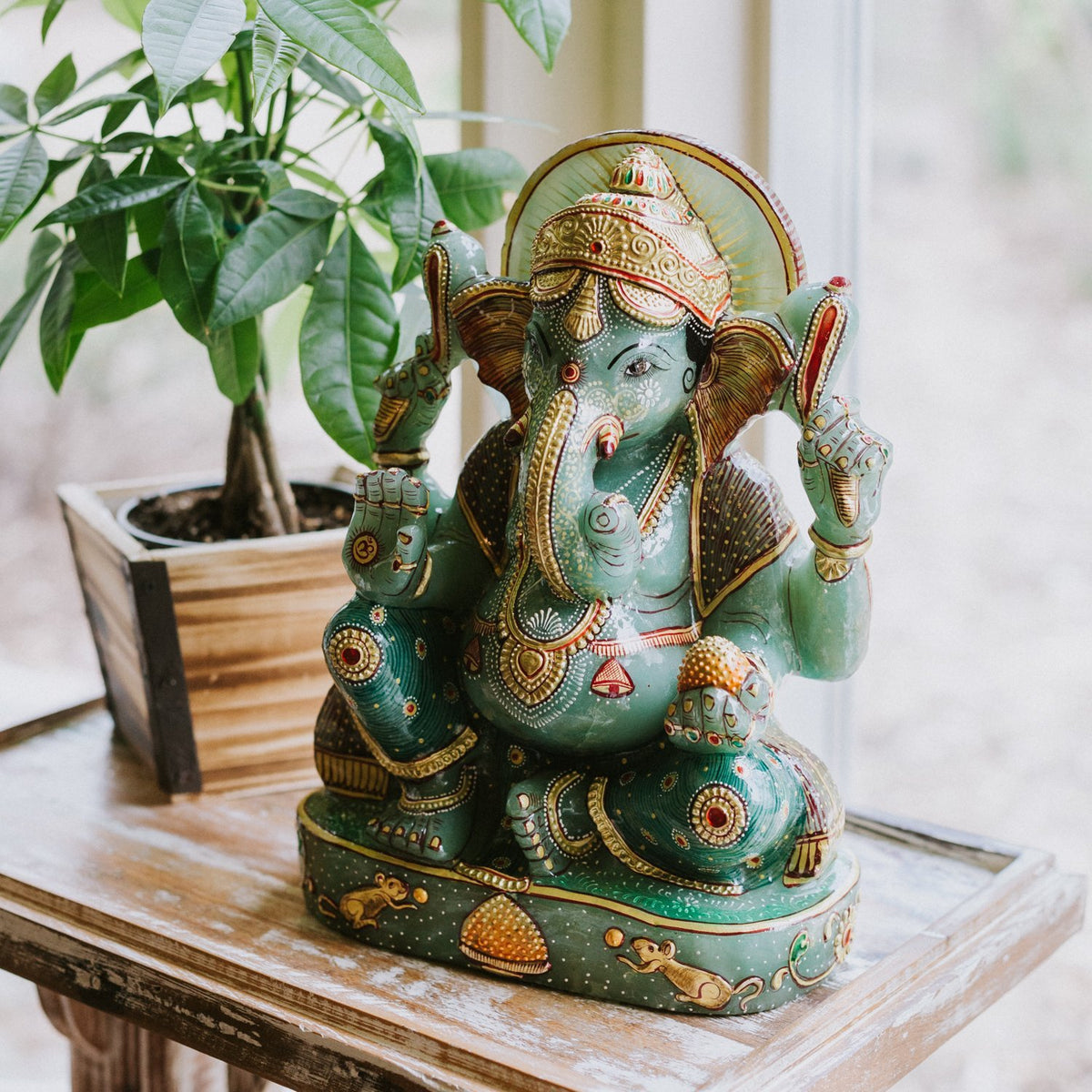 Hand Painted Aventurine Ganesh Statue - DharmaShop