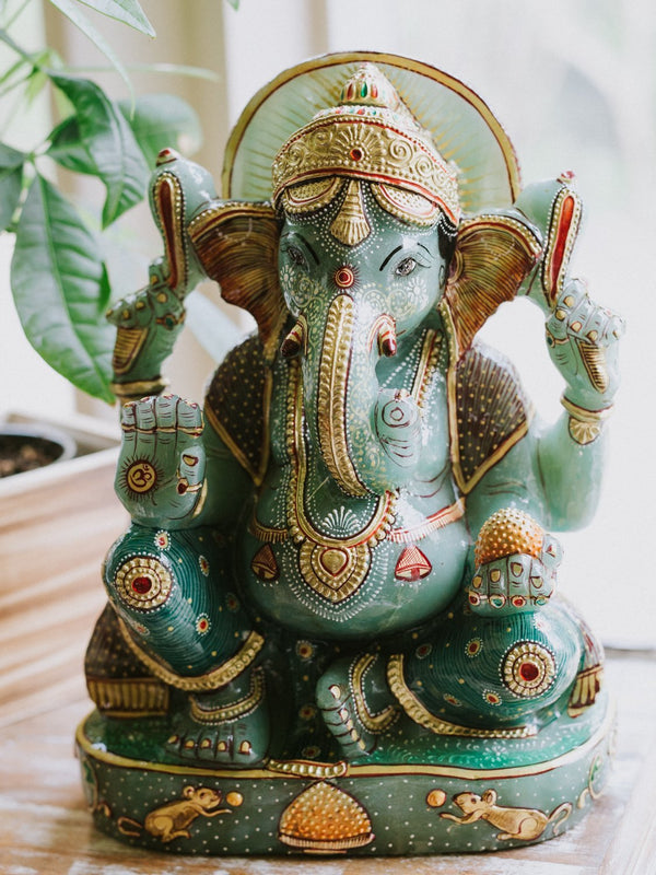 Hand Painted Aventurine Ganesh Statue - DharmaShop