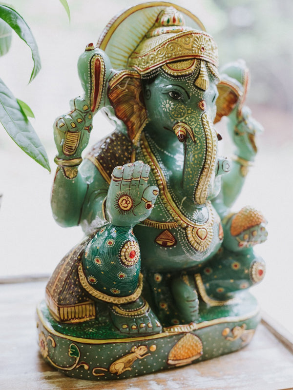 Hand Painted Aventurine Ganesh Statue - DharmaShop