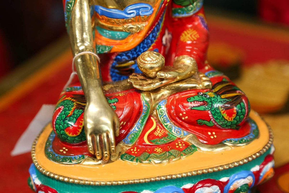 Painted Shakyamuni Statue with Dragons - DharmaShop